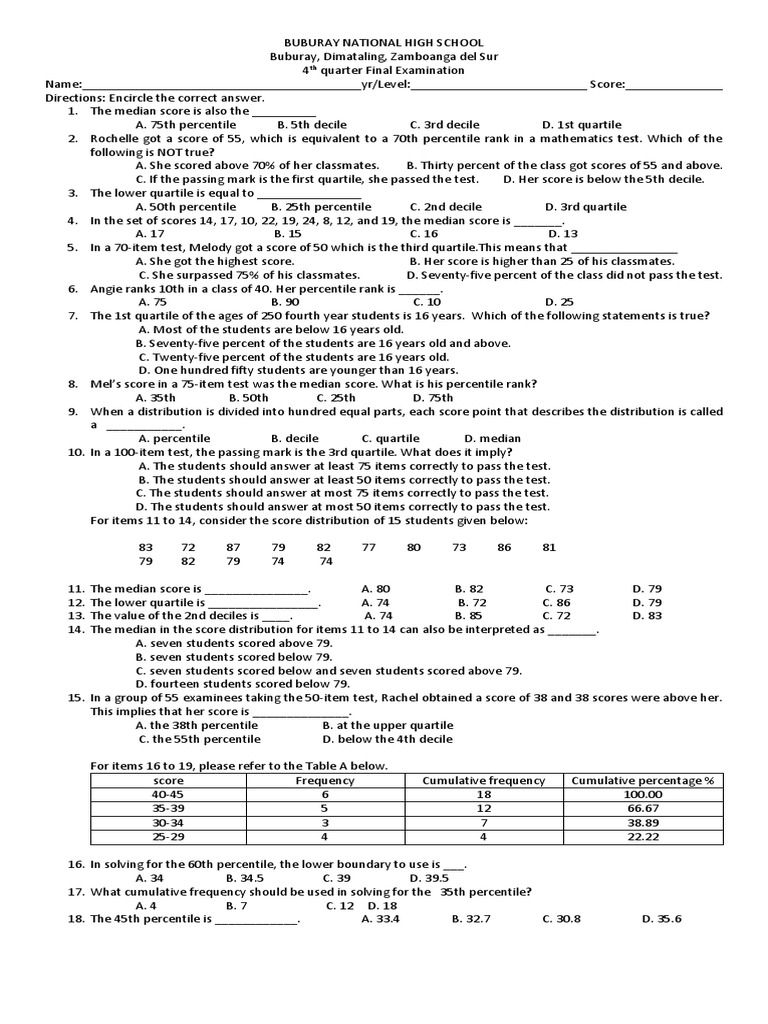 Math 10 4th Quarter Examination | PDF