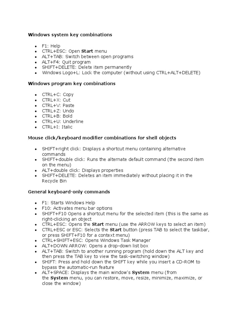 Windows System Key Combinations Pdf System Software Window