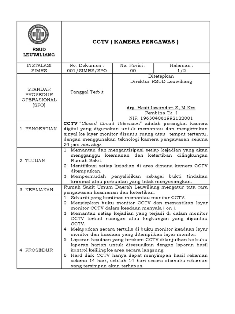 SOP Pengawasan CCTV RSUD Leuwiliang | PDF
