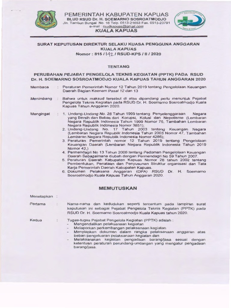 SK Perubahan PPTK RSUD Dr. H. Soemarno Sosroatmodjo Kuala Kapuas 2020 | PDF