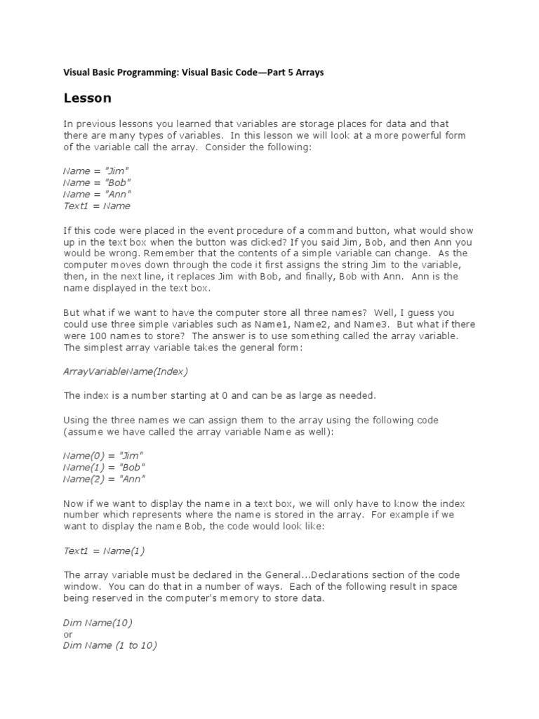 Visual Basic Code Part 5 Arrays Pdf Array Data Type Computer Programming