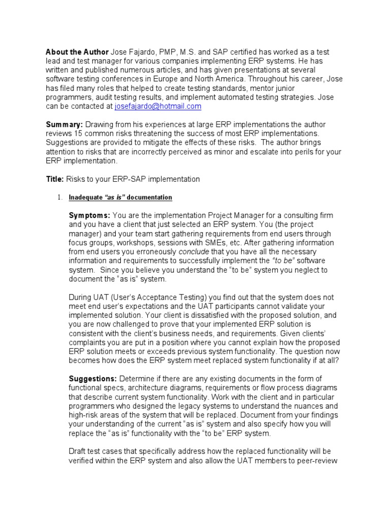 SAP Implementation Risks | Download Free PDF | Enterprise Resource ...