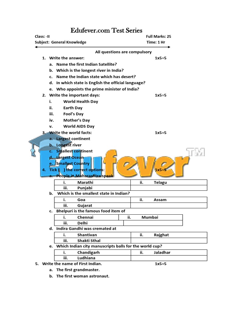 Class 2 General Knowledge Test Paper | PDF
