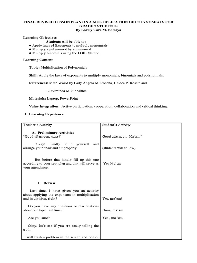 Detailed Lesson Plan On A Multiplication of Polynomials For Grade 7 ...