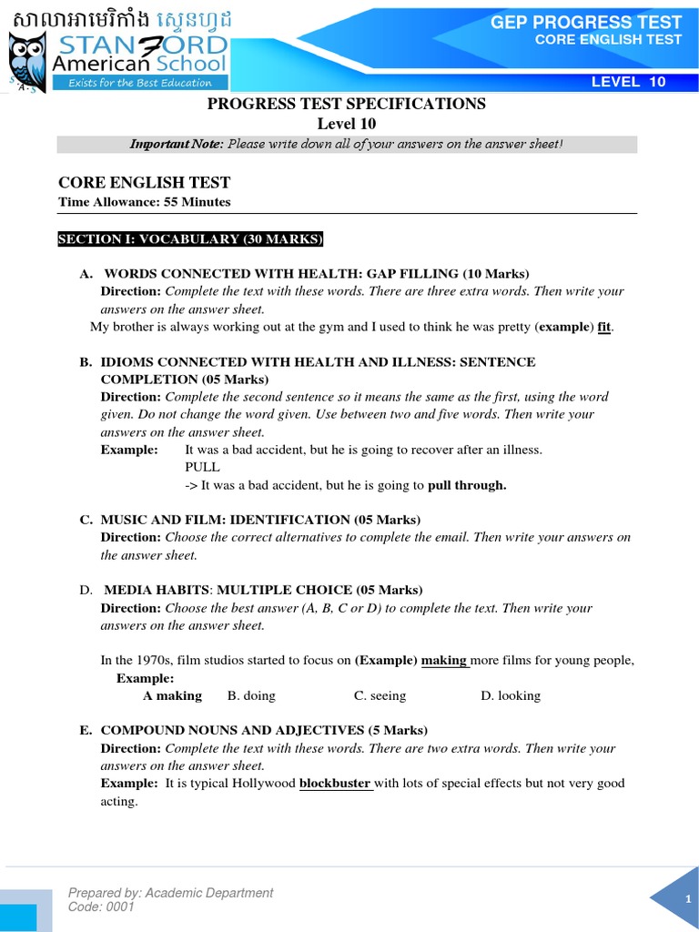 GEP Level 10 English Progress Test | PDF