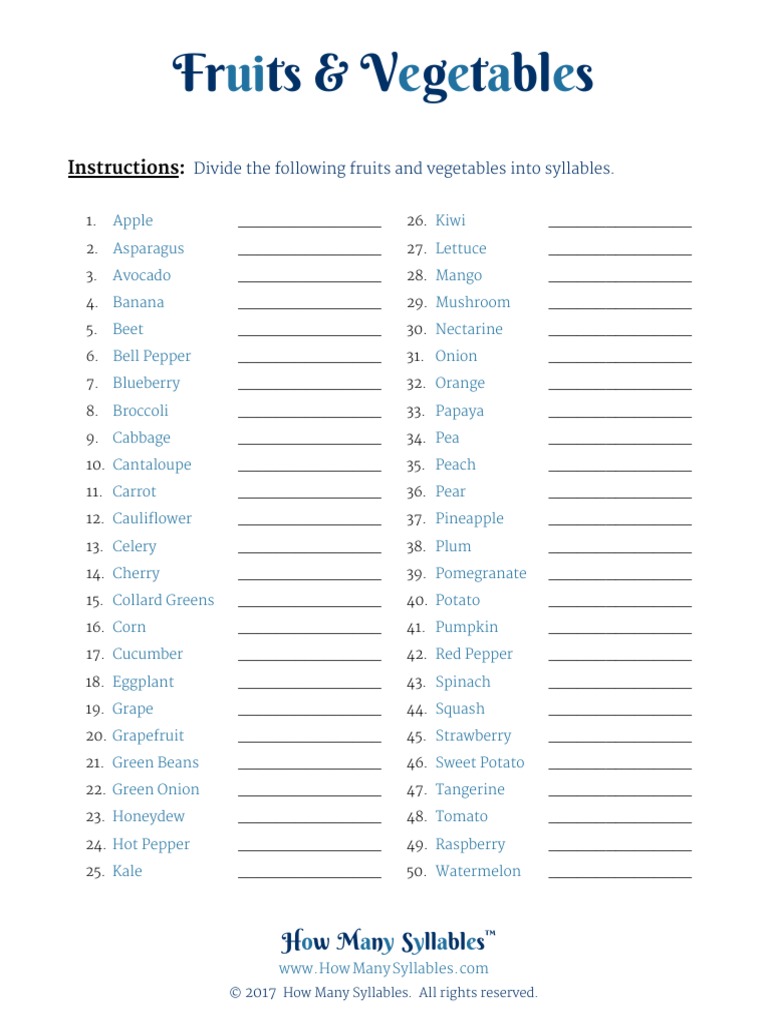 Fruits and Vegetables-Syllable Division | PDF | Cooking, Food & Wine ...