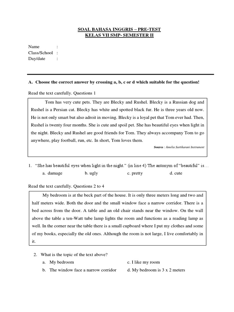 Pre-Test English Exam for 7th Grade Students | PDF