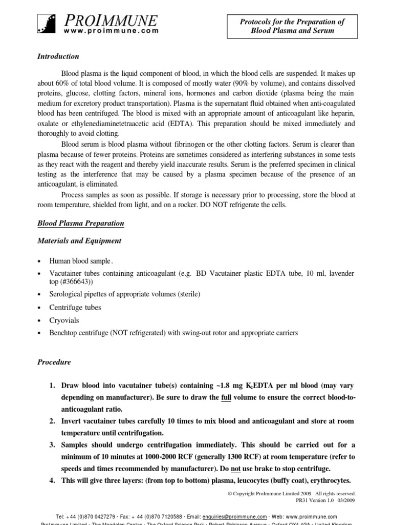 Protocol For The Preparation of Blood Plasma and Serum | PDF | Blood ...
