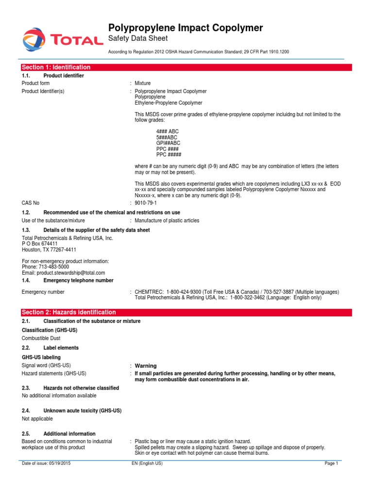 Polypropylene Impact Copolymer MSDS | PDF