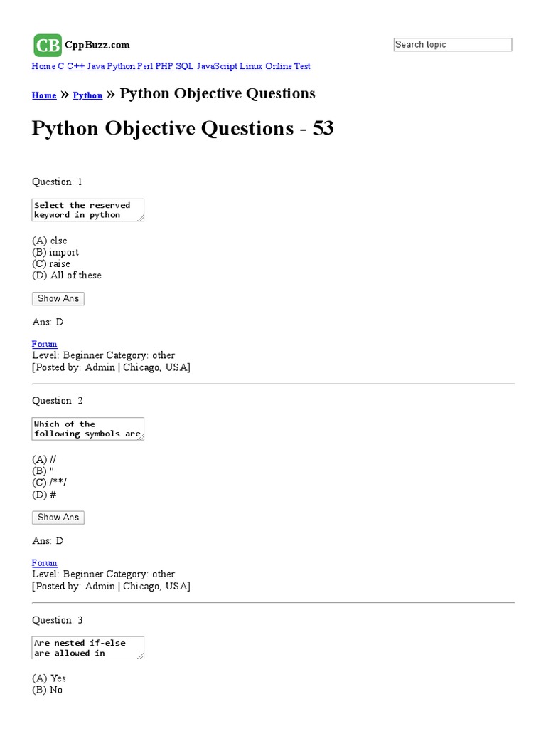 Python Objective Questions For Beginners - CppBuzz | PDF