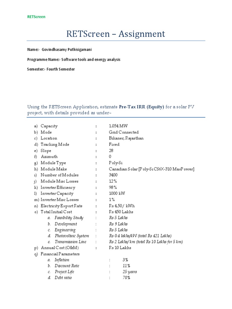 RETScreen - Assignment B - May 2019 PDF | PDF