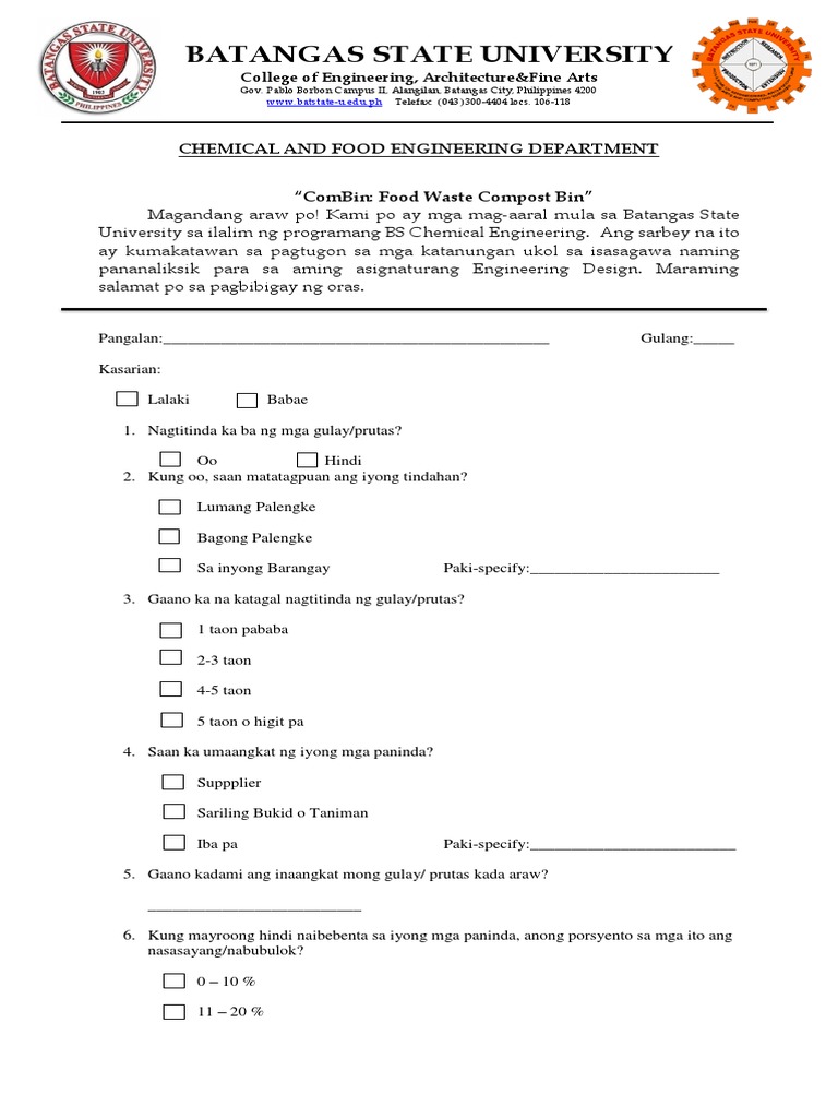 ComBin Survey Questionnaire | PDF