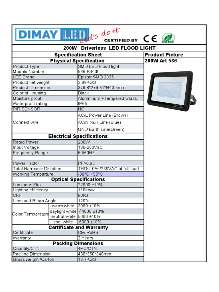 Data Sheet For SMD 200W Driverless LED Flood Light | PDF