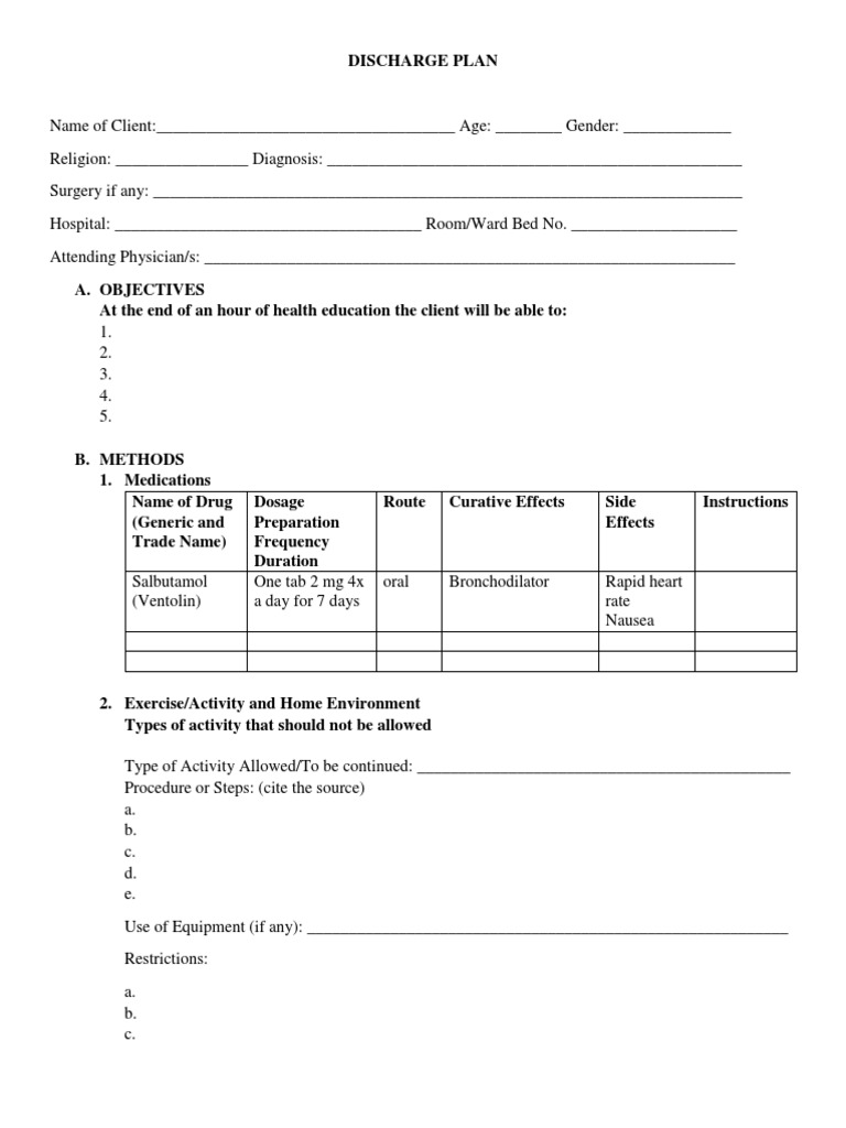 Discharge Plan Sample | PDF | Psychotherapy | Medical Treatments