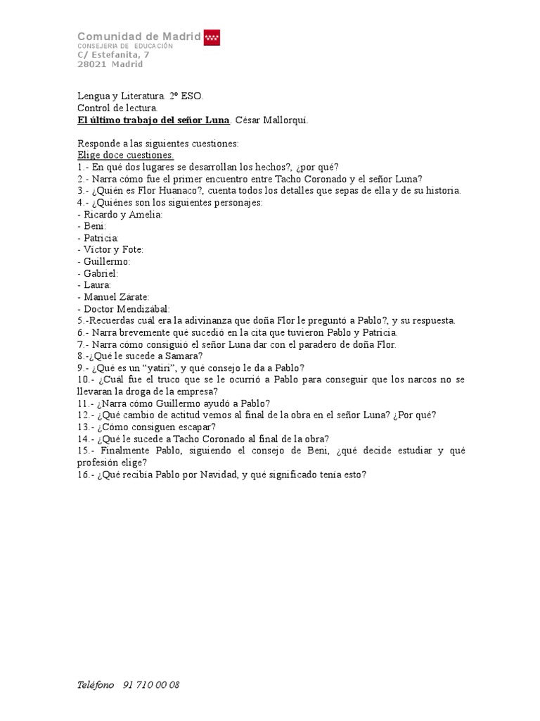 Control de Lectura: El Último Trabajo del Sr. Luna | PDF | Libros para ...