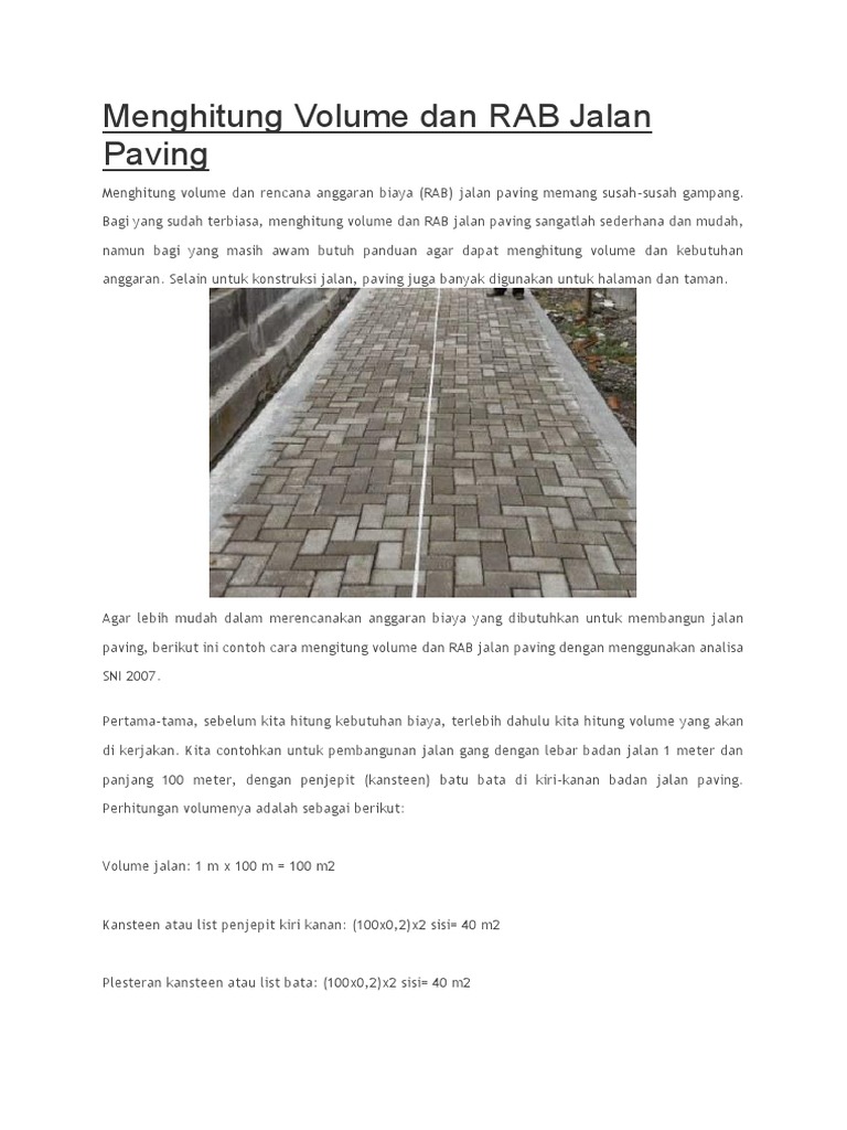 Menghitung RAB dan Volume Jalan Paving | PDF | Teknologi & Rekayasa