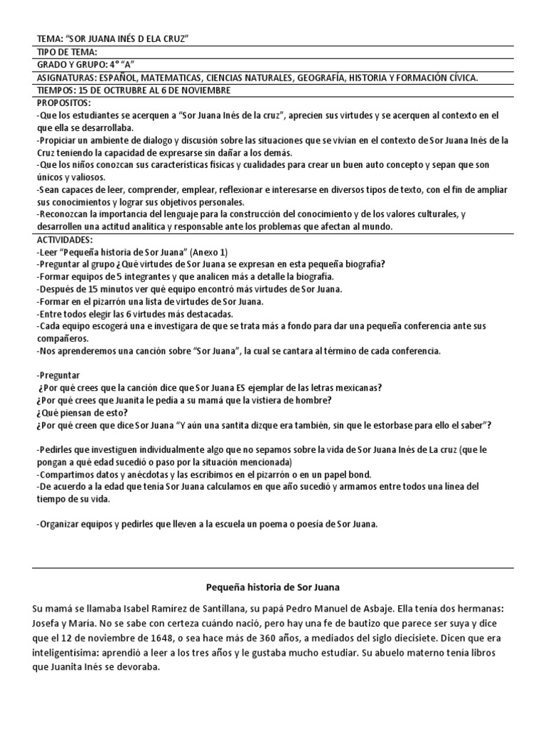 Unidad Didactica Sor Juana Ines de La Cruz | PDF