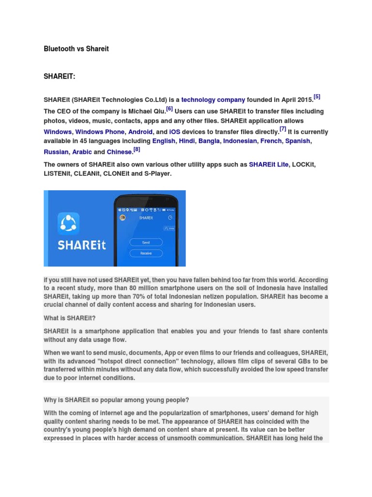 SHAREit vs Bluetooth: File Transfer Comparison | PDF | Computers