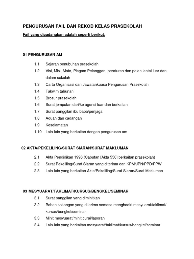 Pengurusan Fail Dan Rekod Kelas Prasekolah | PDF