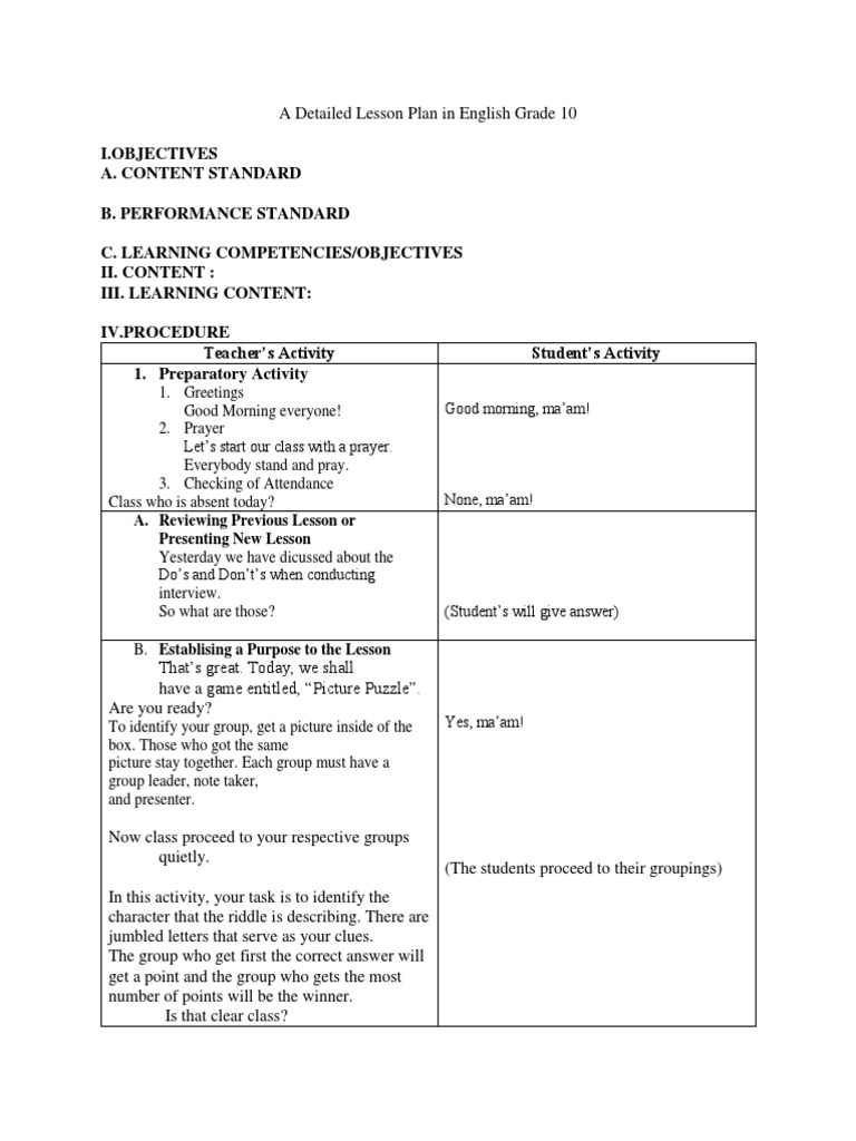 Grade 10 English Lesson Plan | PDF | Cosette | Marius Pontmercy