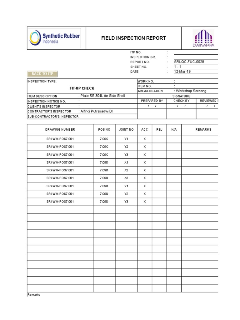 Fit-Up Inspection Report for Plate SS 304L Side Shell Joints at ...