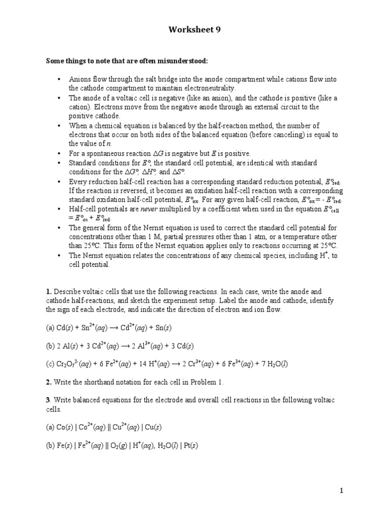 Electrolysis and Voltaic Cell Worksheet | PDF | Teaching Methods ...