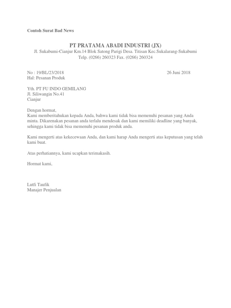 Contoh Surat Bad News | PDF