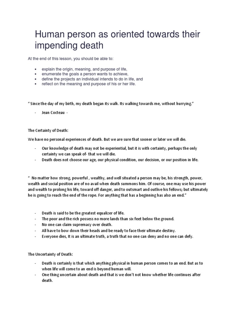 Human Person As Oriented Towards Their Impending Death | PDF