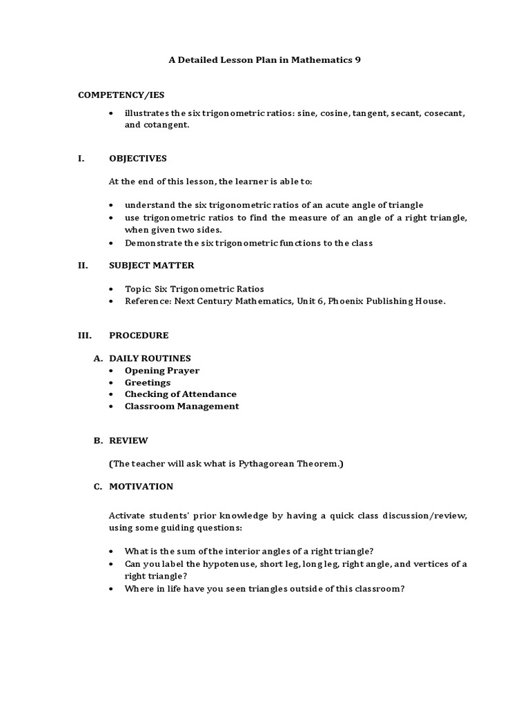 Trigonometric Ratios Lesson Plan for 9th Grade | PDF