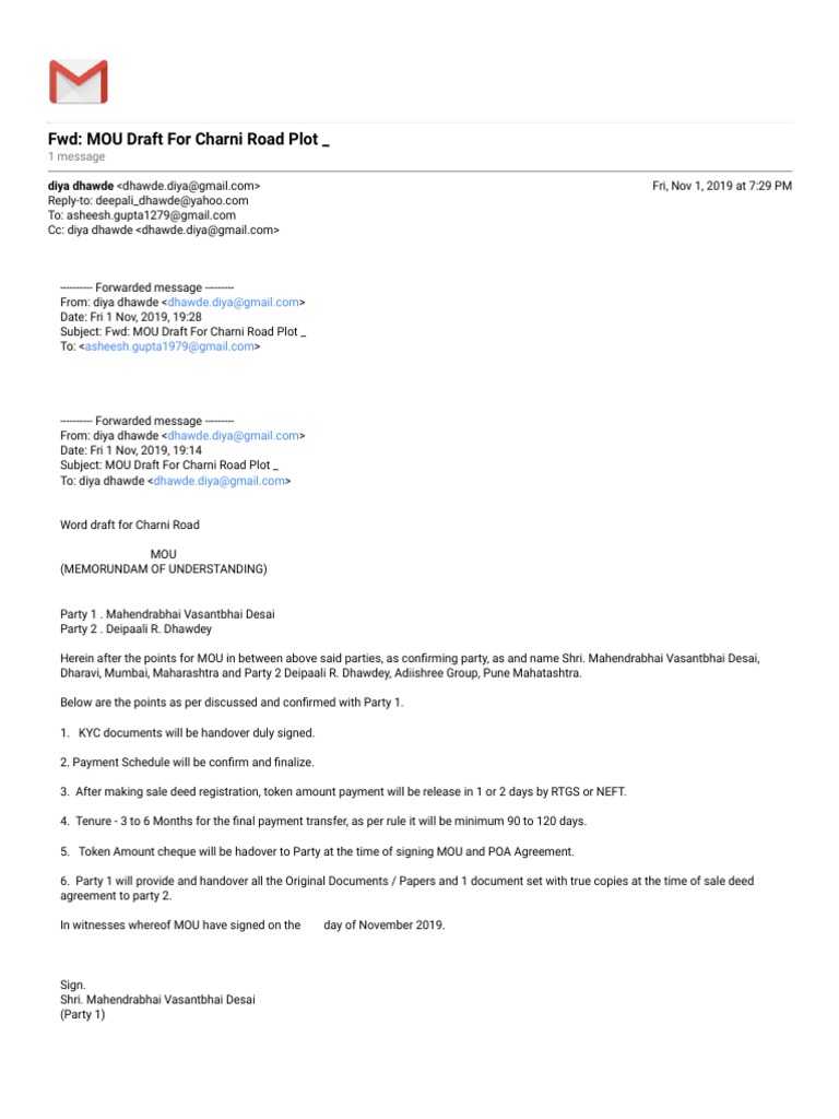 Gmail - FWD - MOU Draft For Charni Road Plot - PDF | PDF | Law