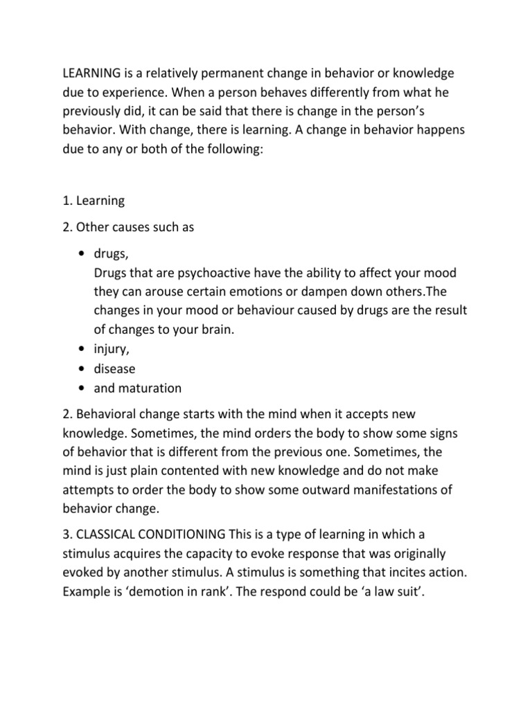 LEARNING Is A Relatively Permanent Change in Behavior or Knowledge Due To Experience | PDF