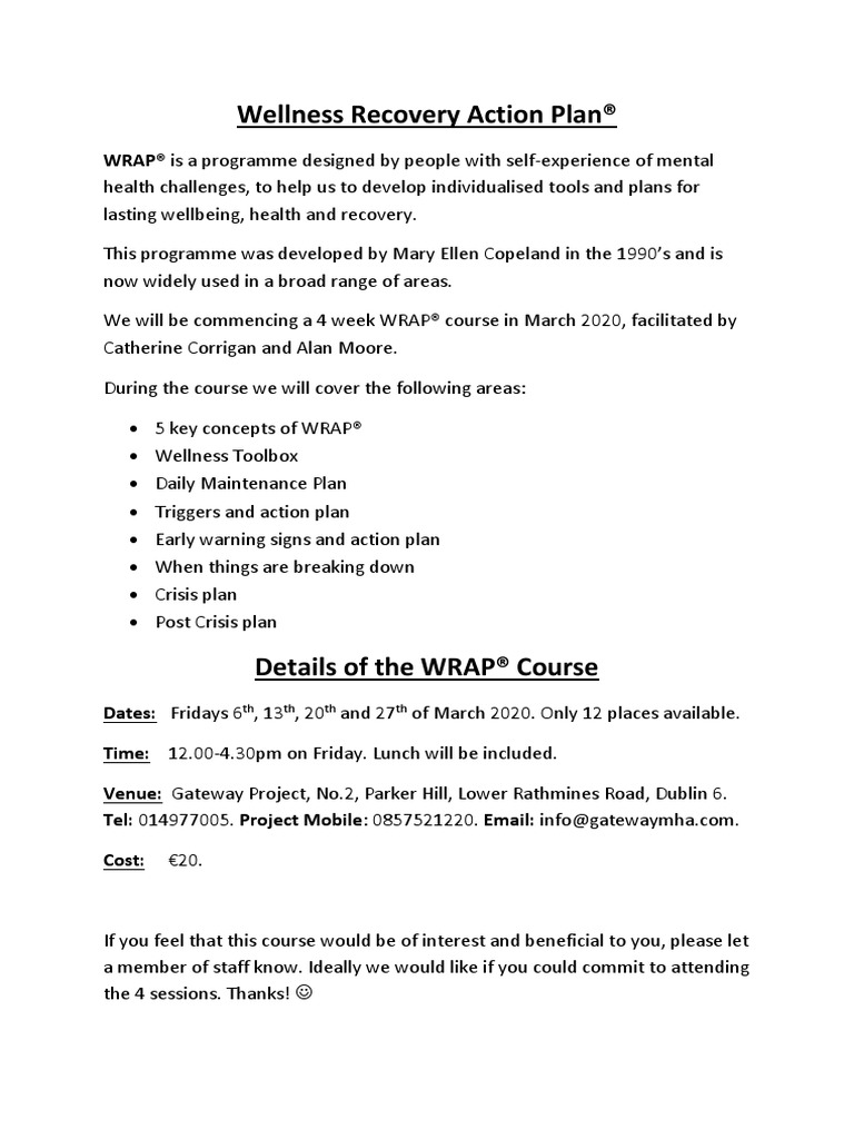 Wellness Recovery Action Plan Course Information Sheet March 2020 | PDF ...