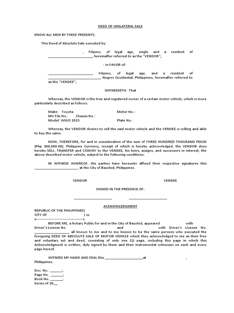 Deed of Sale Unilateral Form | PDF | Finance & Money Management | Law