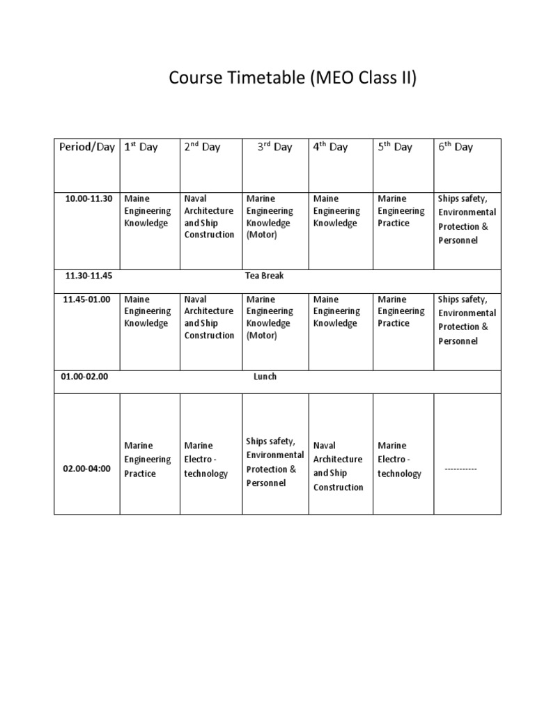 Course Timetable Meo Class II | PDF