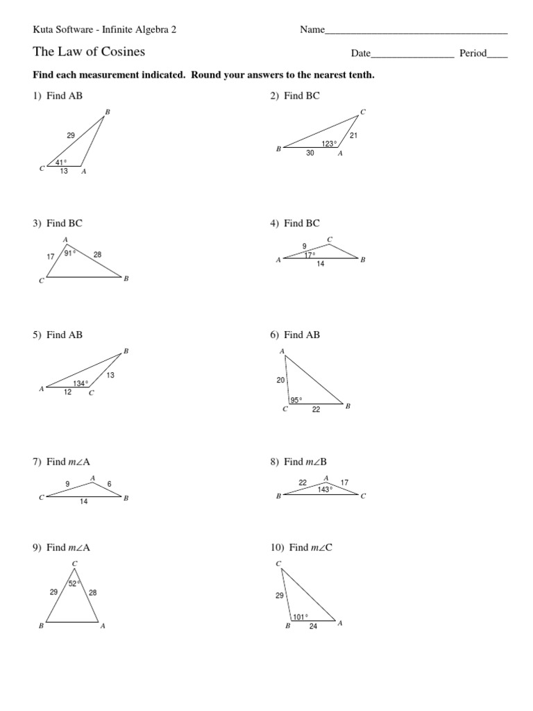 Law of Cosines Practice Worksheet | PDF | Trigonometric Functions ...