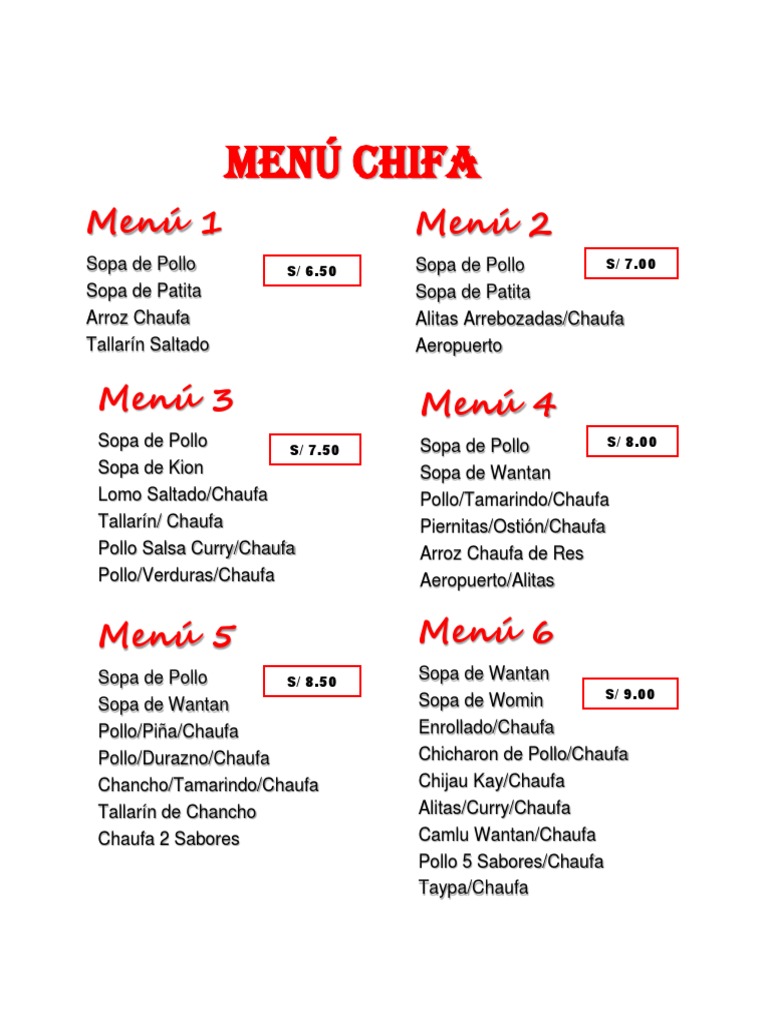 Menú de Chifa Peruano Variado | PDF