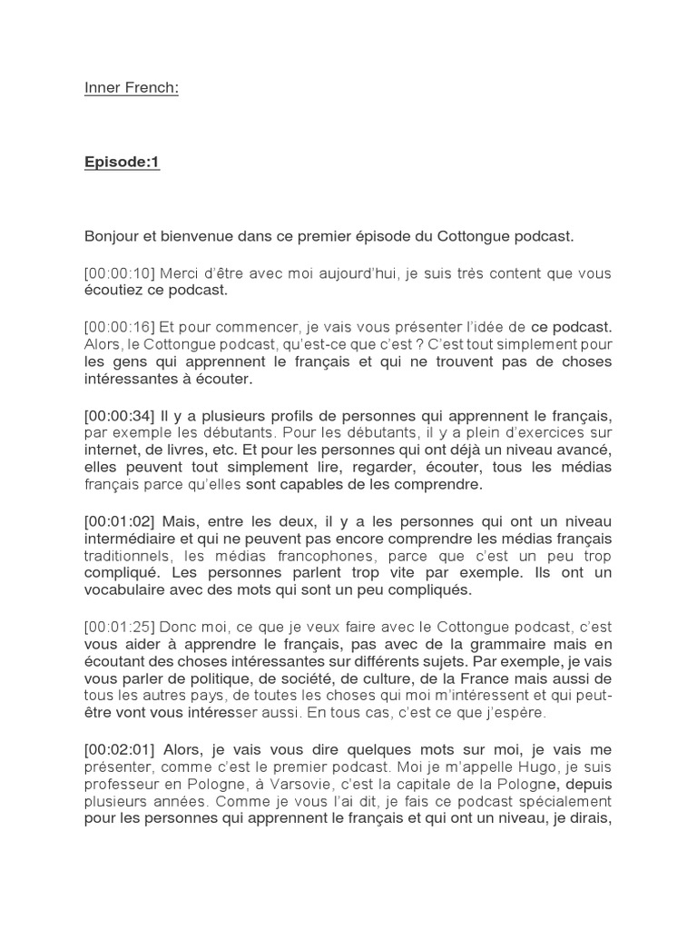 Inner French Podcasts Transcripts | PDF | Arts du langage et discipline | Études des langues ...