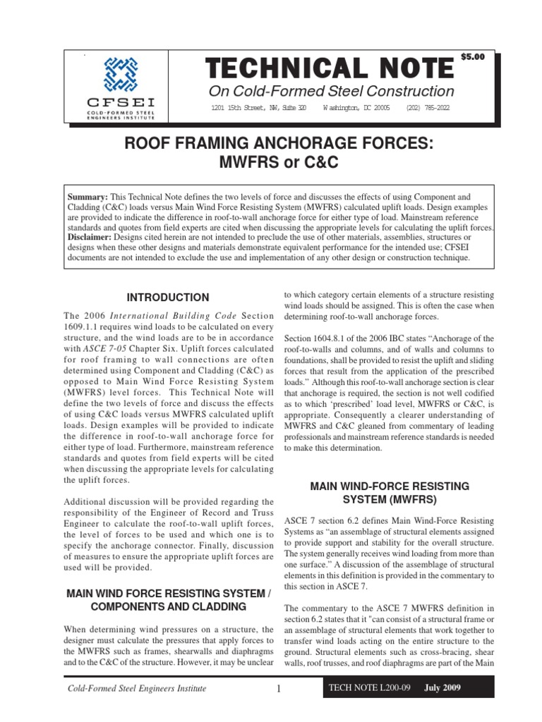 CFSEI TechNote Wind Loads MWFRS or CC L200-09 PDF | PDF