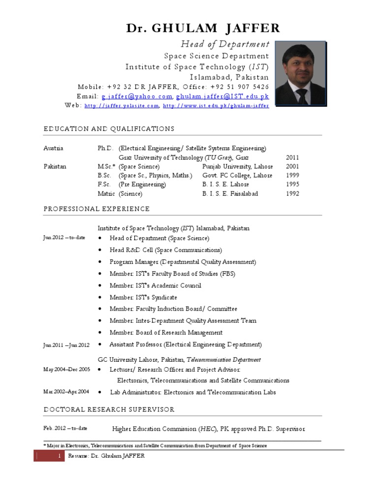 Ghulam Jaffer CV | PDF | Dean (Education) | Satellite