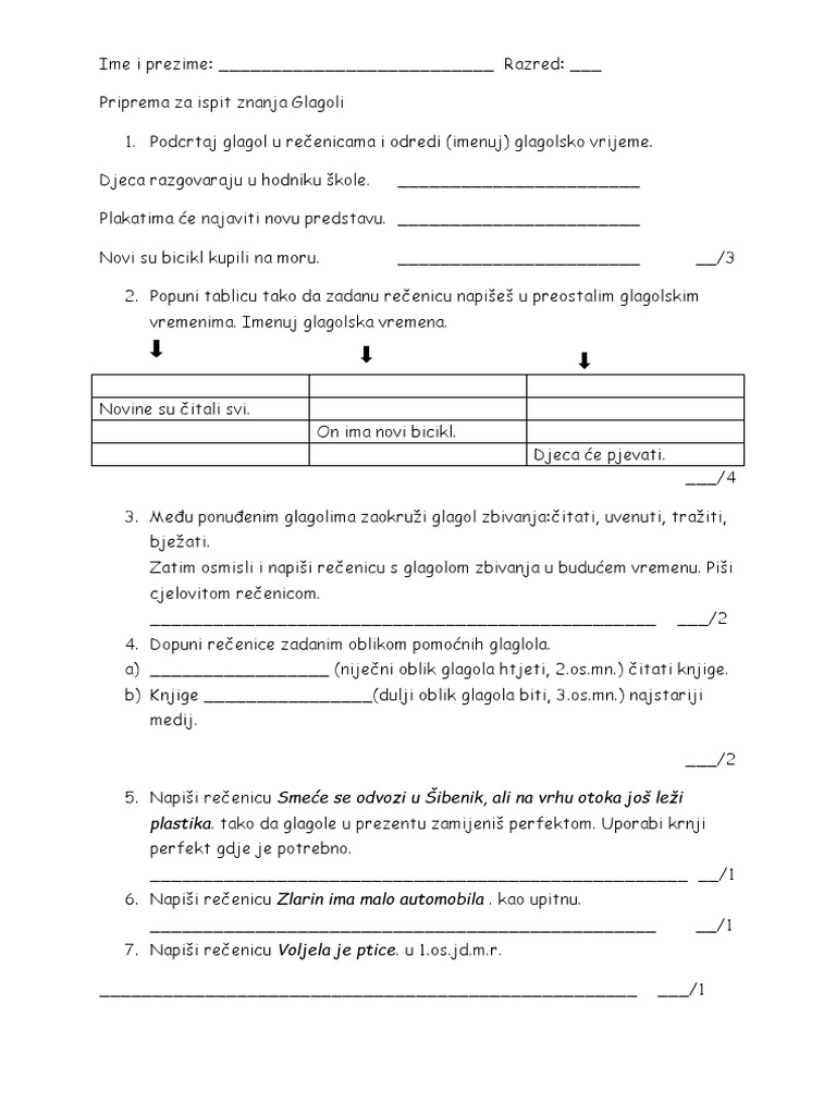 Priprema Za Ispit Glagoli 5.razred Novo | PDF