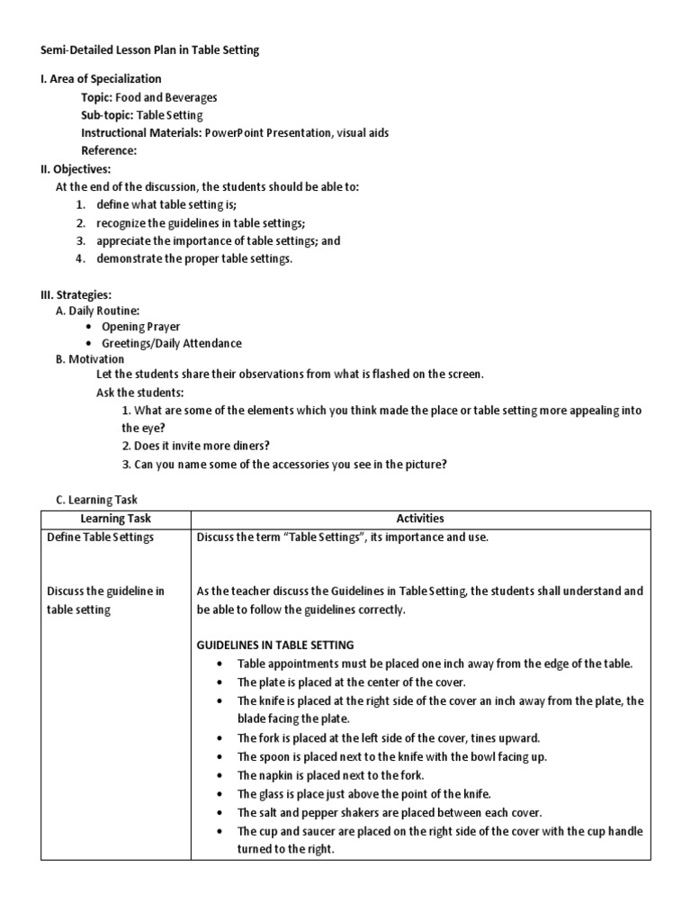 Table Setting Lesson Plan Guide | PDF | Cooking, Food & Wine