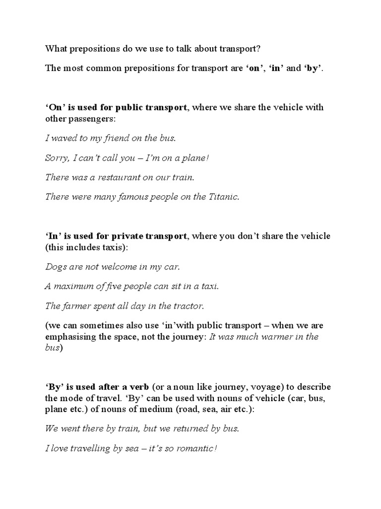 Transport Prepositions Guide | PDF