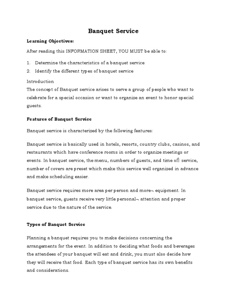 Types of Banquet Service Explained | PDF | Cooking, Food & Wine | Wellness
