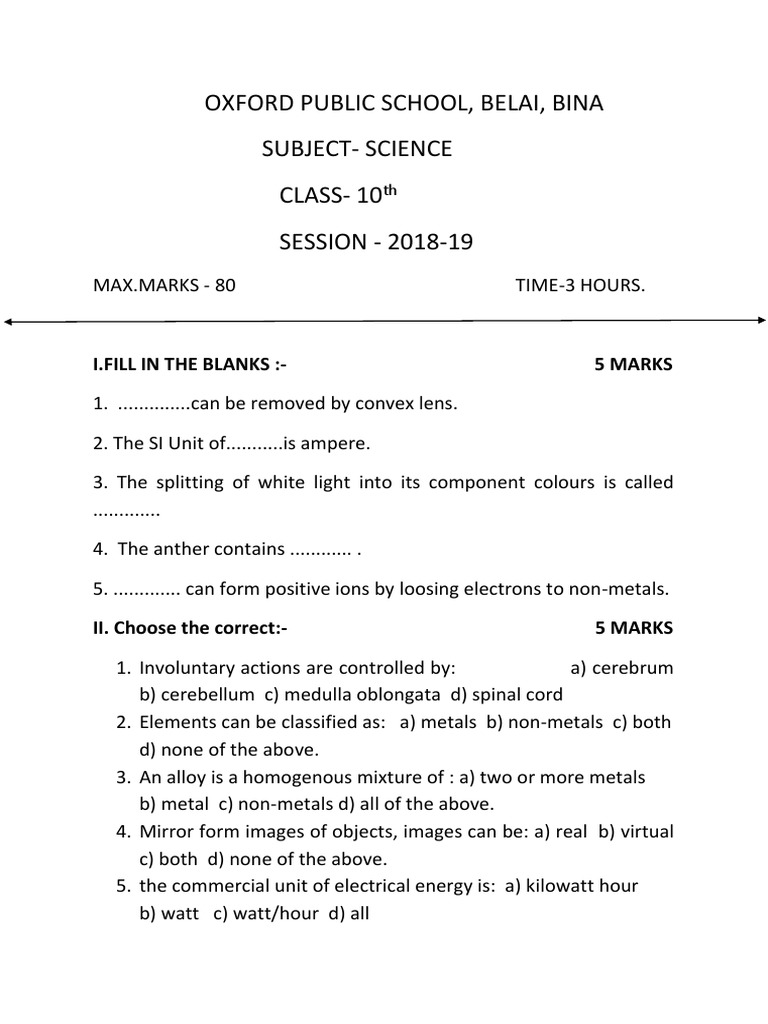 Class 10 Science Exam Paper 2018-19 | PDF | Science & Mathematics