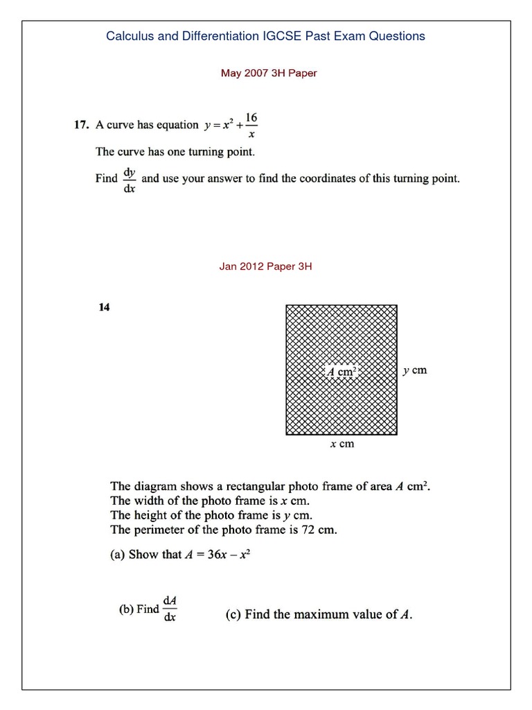 Applied Differentiation IGCSE Past Exam Questions PDF | PDF