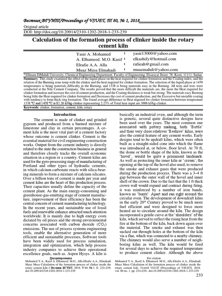 Calculation of The Formation Process of Clinker in | PDF