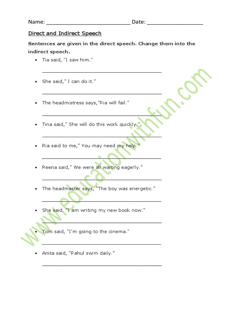 Direct and Indirect Speech Worksheet 1 | PDF | Career & Growth