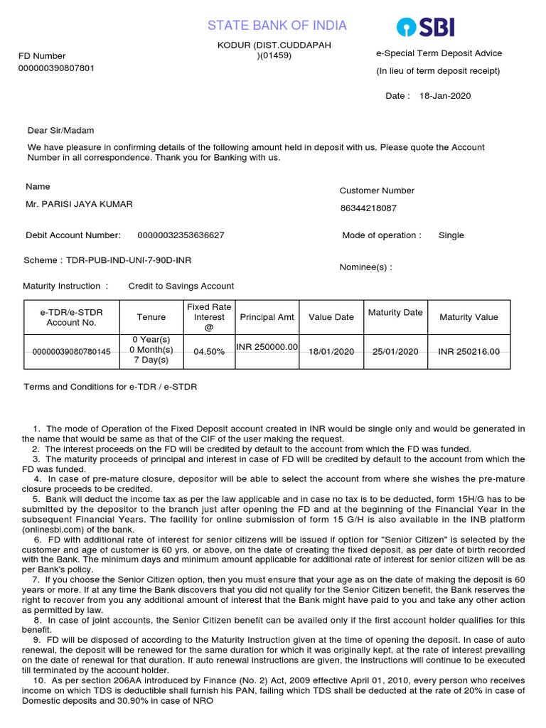 SBI Fixed Deposit Maturity Instructions | PDF | Finance & Money ...