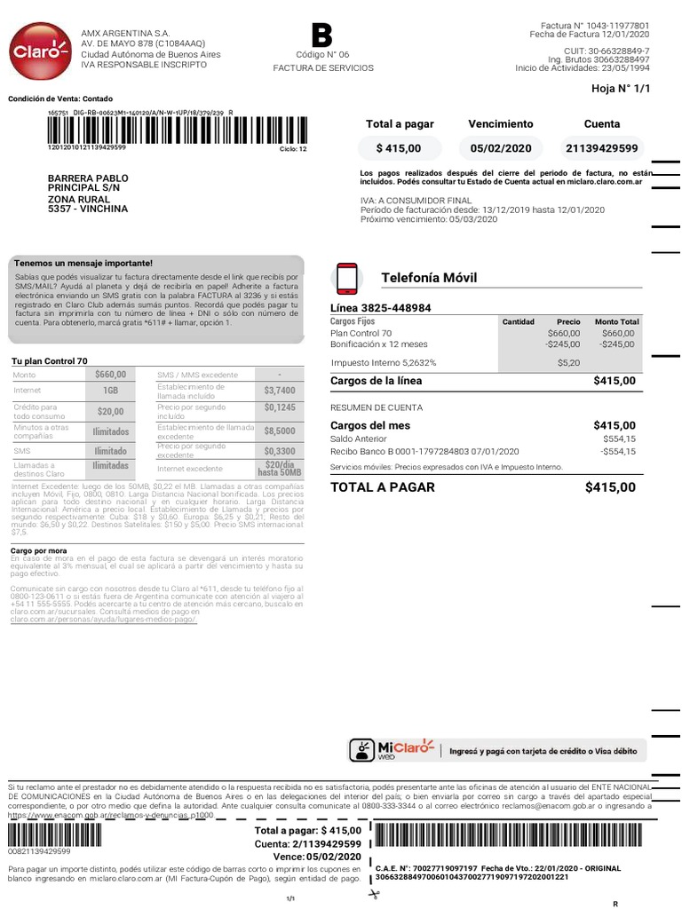 Factura Claro 01 2020 PDF | PDF