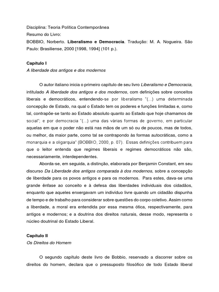 Liberalismo e Democracia - Norberto Bobbio - Resumo Integral | PDF